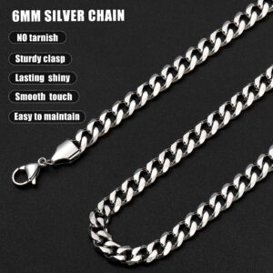 Fiusem Silver Tone Cuban Link Chain for Men, 6mm Mens Chain Necklaces, Stainless Steel Chain Necklaces for Men Women, 20 inch