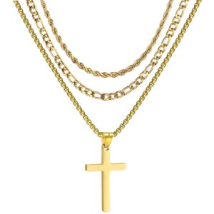 hswyfcjy 3pcs set cross necklace for men, mens cross necklace cross chain layered stainless steel rope figaro chains for women boys gold silver black (20inch/22inch)