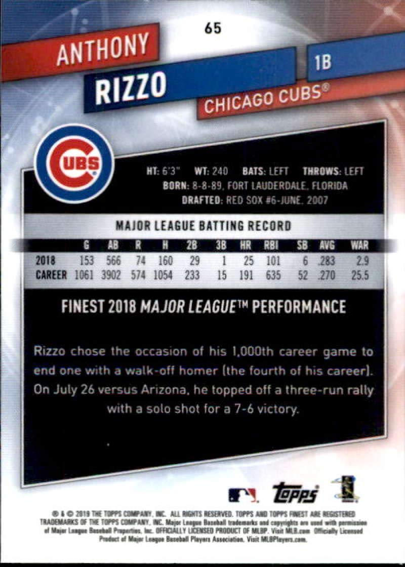 Baseball MLB 2019 Finest #65 Anthony Rizzo #65 NM Near Mint Cubs