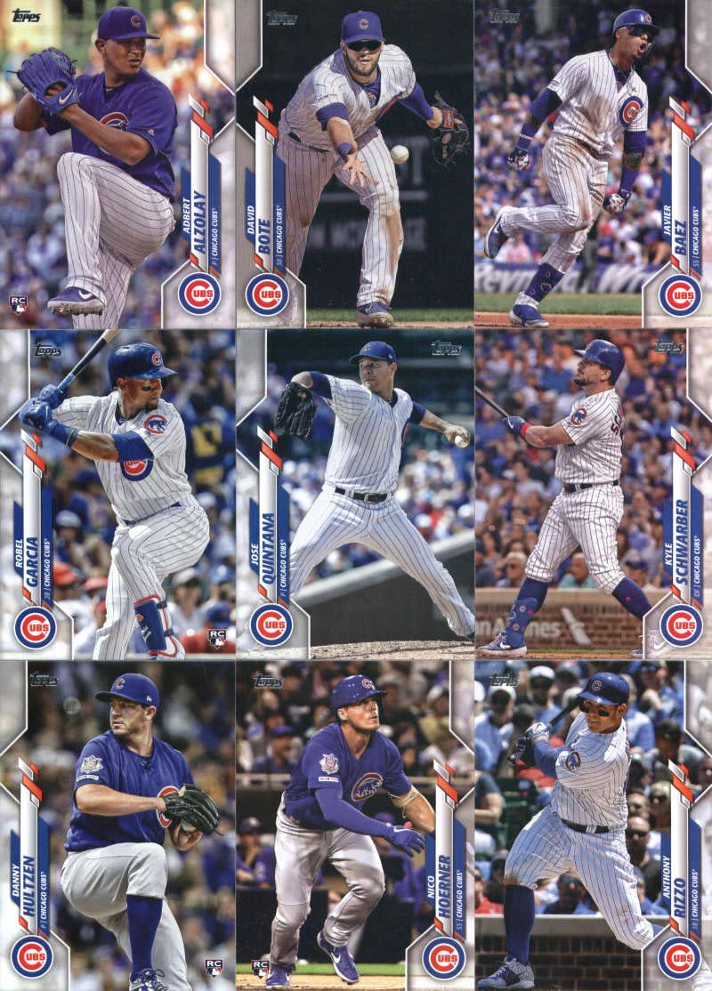 2020 Topps Series 1 Chicago Cubs Team Set of 15 Cards: Kyle Hendricks(#26), Albert Almora(#37), Anthony Rizzo(#51), Nico Hoerner(#70), Danny Hultzen(#103), Kyle Schwarber(#119), Jose Quintana(#139), Craig Kimbrel(#177), Robel Garcia(#283), Javier Baez(#30