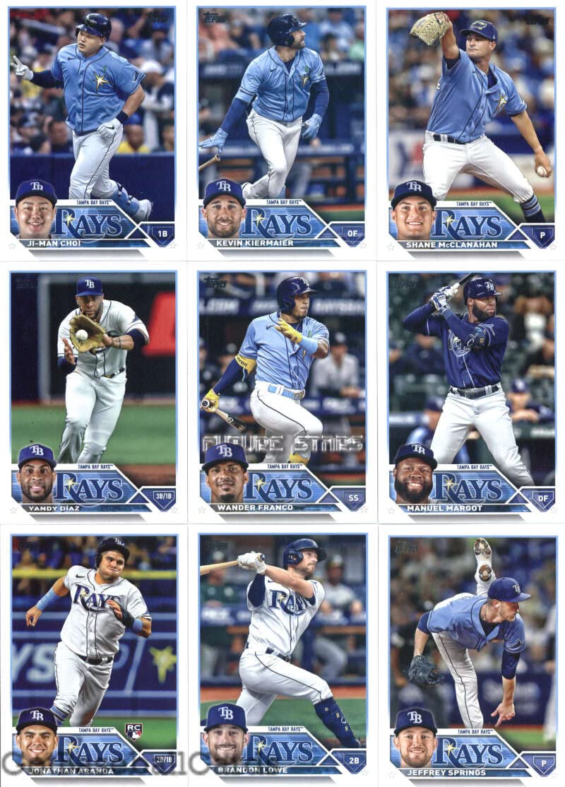 2023 Topps Complete Set (Series 1 & 2) Tampa Bay Rays Team Set of 16 Cards: Jeffrey Springs(#12), Brandon Lowe(#36), Jonathan Aranda(#154), Manuel Margot(#204), Wander Franco(#215), Yandy Díaz(#227), Shane McClanahan(#236), Kevin Kiermaier(#272), Ji-Man C