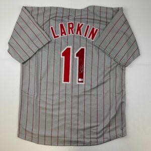 autographed/signed barry larkin cincinnati grey pinstripe baseball jersey beckett bas coa