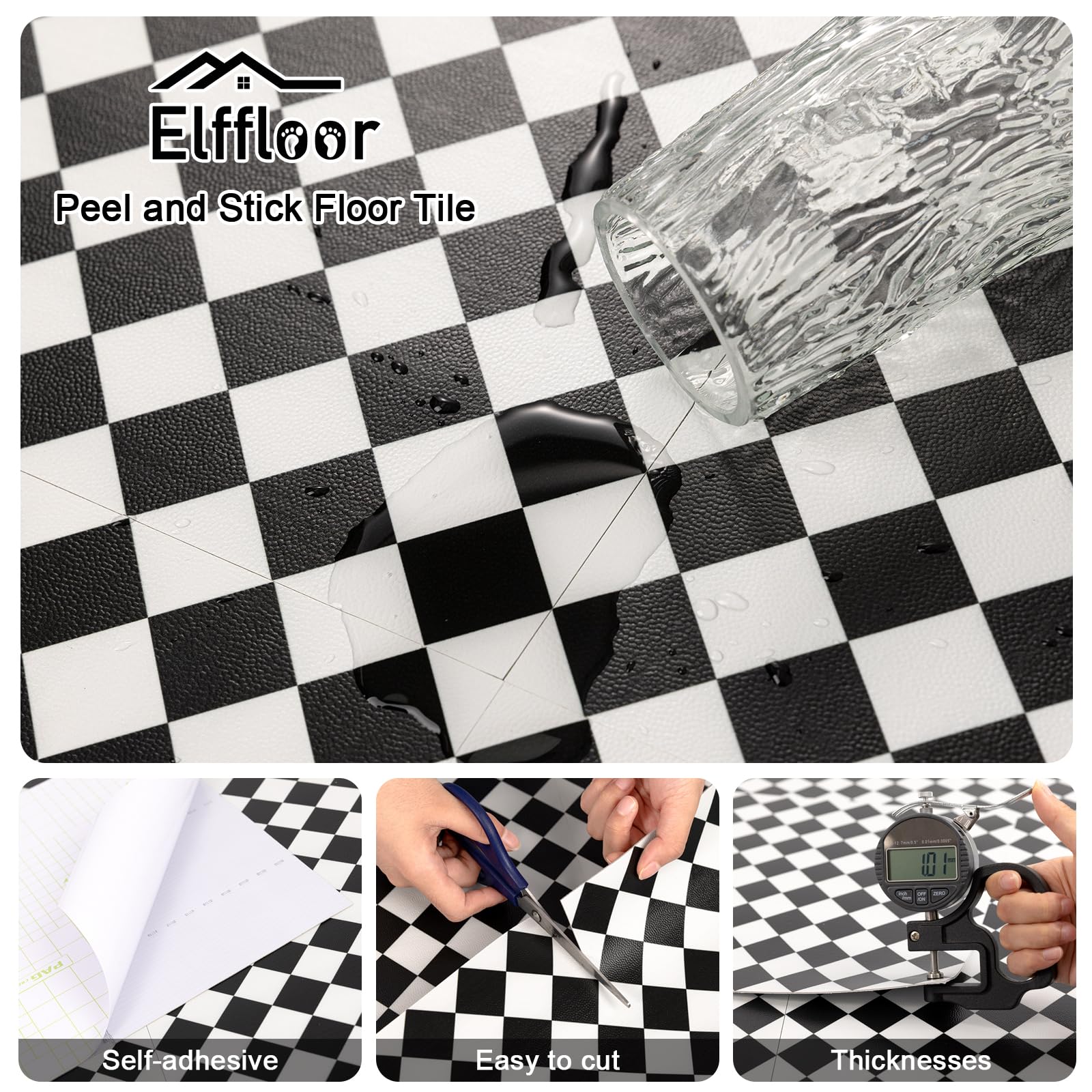 Peel and Stick Floor Tile Black and White Self-Adhesive Waterproof Vinyl Flooring for Kitchen, Bedroom, Living room, Bathroom, 11.8 in×11.8 in, 10pcs