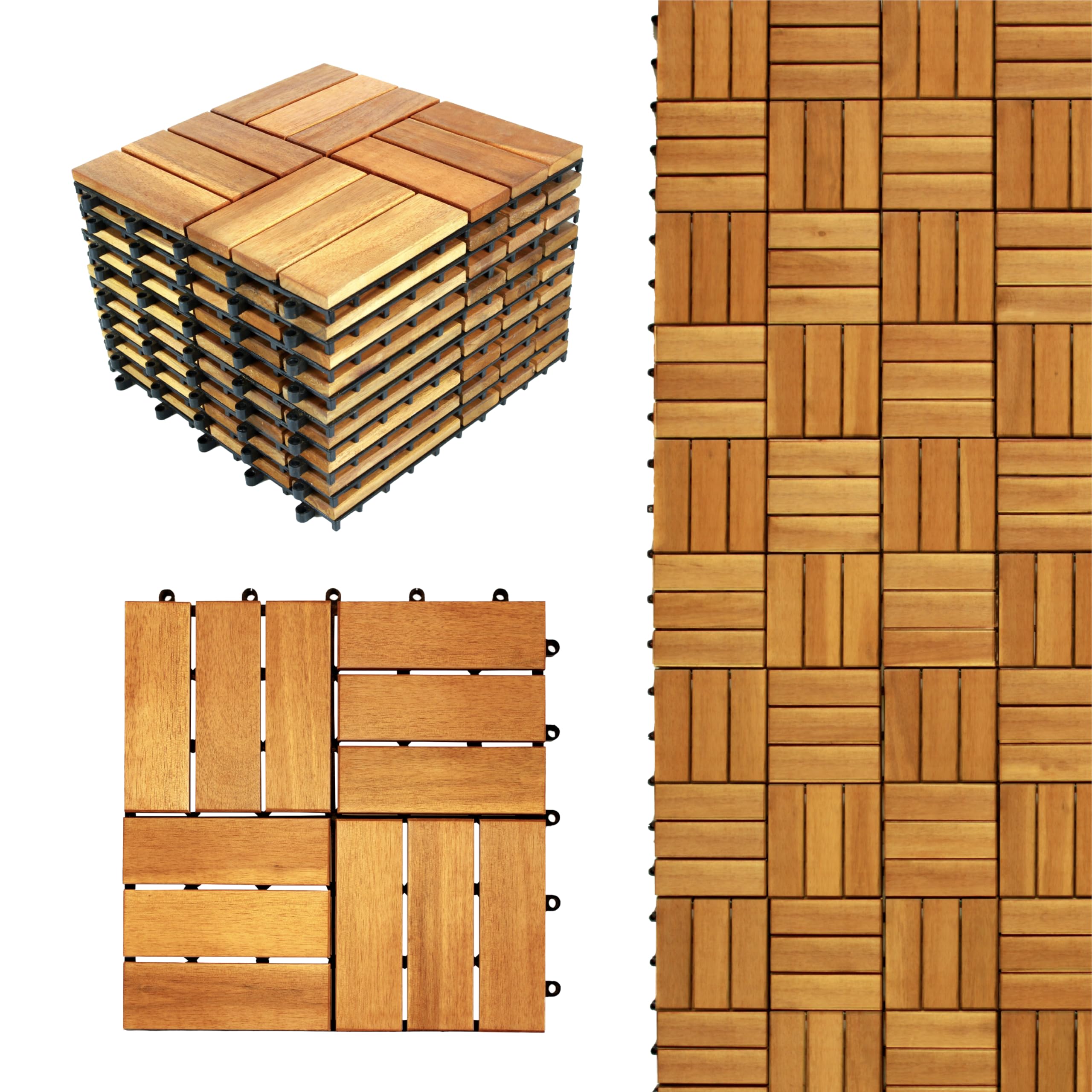 CLOVERHOLM 10Pcs Interlocking Deck Tiles - Waterproof 12”x12” Acacia Wood Tiles, Patio Tiles for Indoor and Outdoor, interlocking outdoor floor tiles, pavers, 12 Slats Checker Pattern (Natural, 12in)