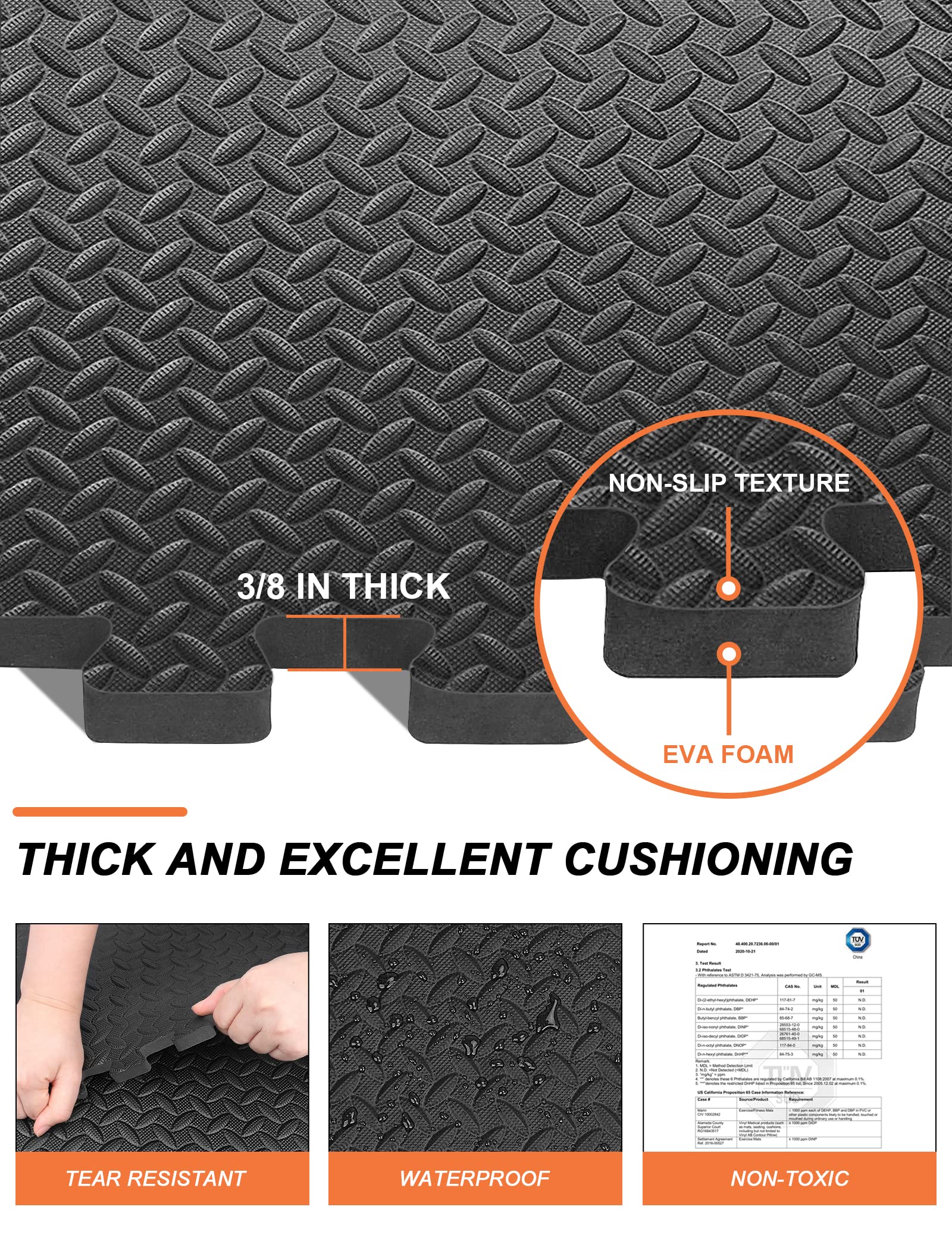 innhom Gym Flooring Mats Exercise Mat for Floor Workout Foam Tiles Home Equipment Garage, 6 Black and Gray