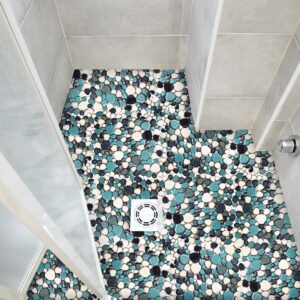 Primoon Interlocking Pebble Tiles 5 Sheets, Aqua Teal Blue Mosaic Tiles Mesh Mounted, 12x12 Waterproof Ceramic Tile Flooring for Kitchen Bath Backsplash Shower Floor Pool