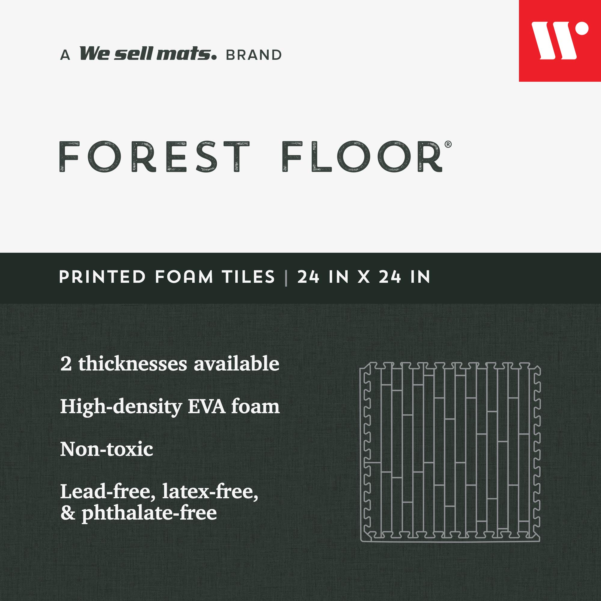 Forest Floor 3/8 Inch Thick Printed Foam Tiles, Premium Wood Grain Interlocking Foam Floor Mats, Anti-Fatigue Flooring, 24 in x 24 in