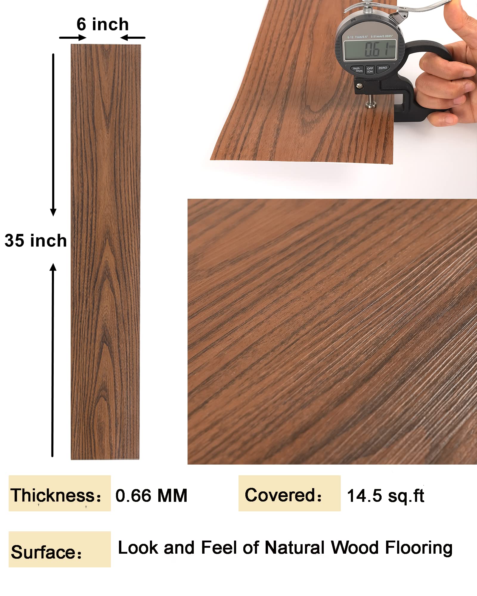 Peel and Stick Floor Tile Natural Red Wood Grain Look Vinyl Flooring Waterproof and Self Adhesive for Bathroom Kitchen Living Room Bedroom DIY 35in×6in (10 PCS)