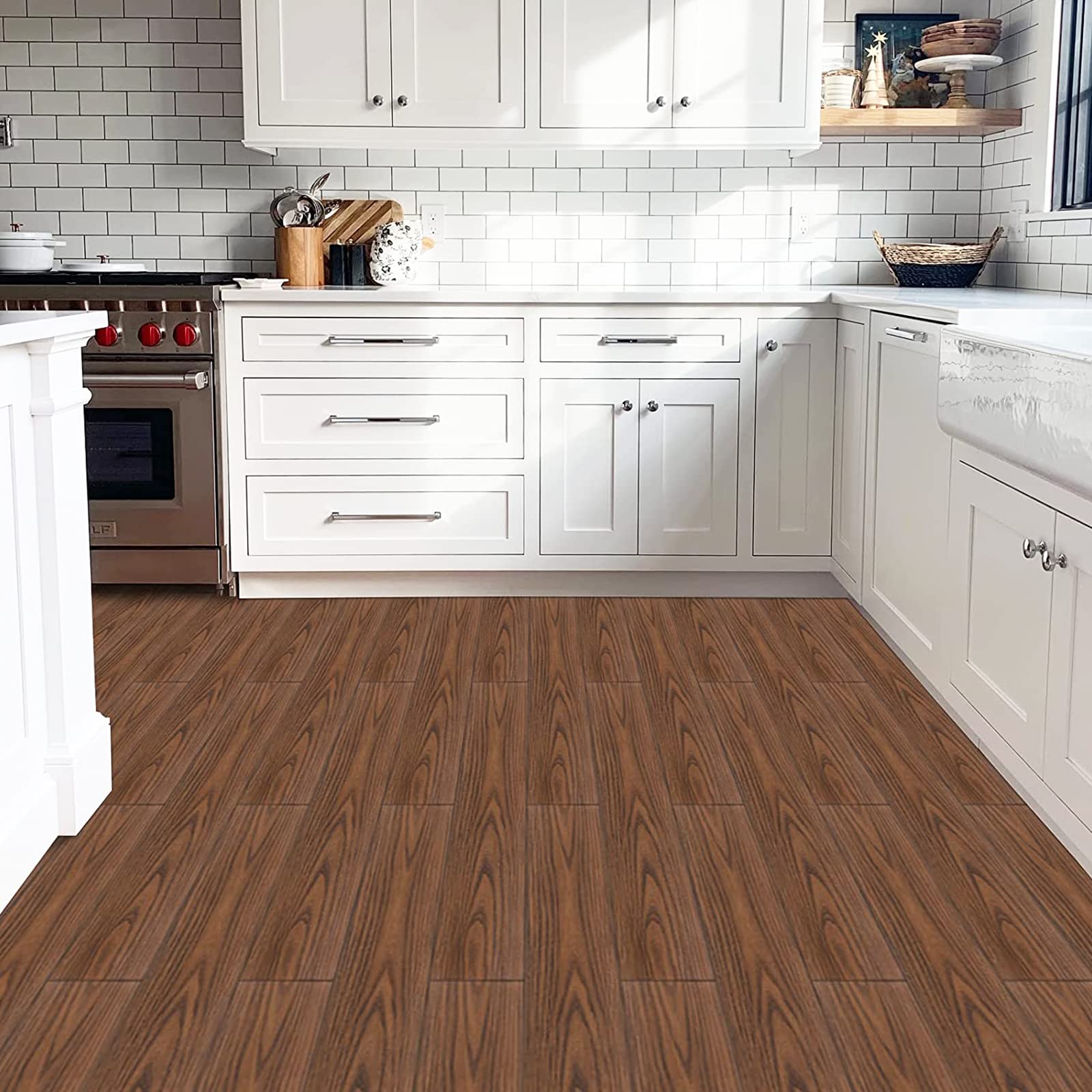 Peel and Stick Floor Tile Natural Red Wood Grain Look Vinyl Flooring Waterproof and Self Adhesive for Bathroom Kitchen Living Room Bedroom DIY 35in×6in (10 PCS)