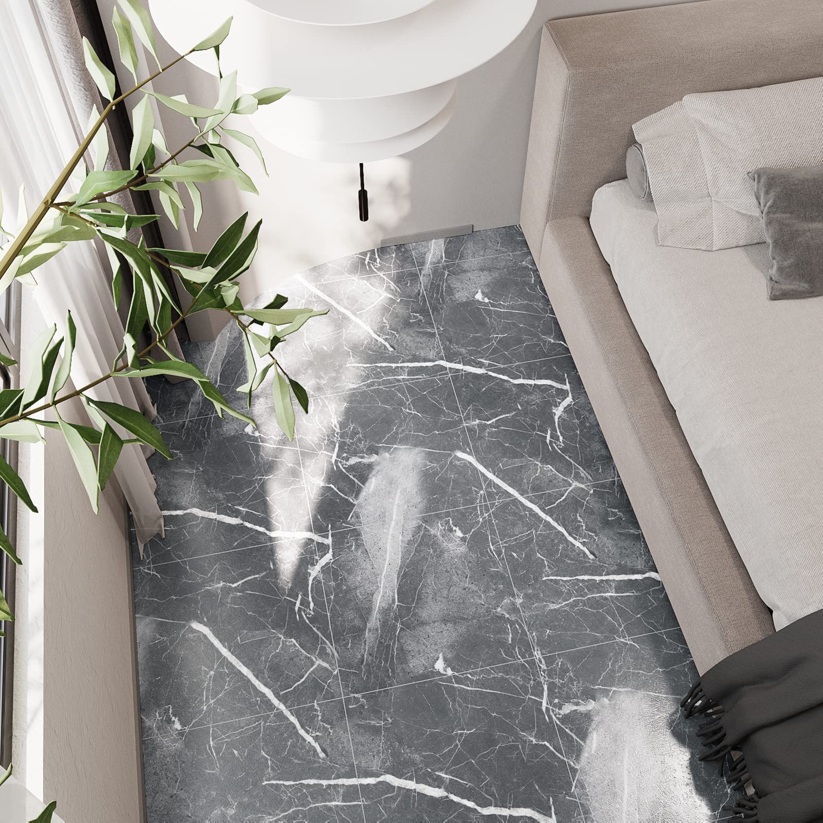 VEELIKE Grey Marble Peel and Stick Floor Tile 12''x12'' Vinyl Flooring Peel and Stick Waterproof Removable Self Adhesive Grey Vinyl Floor Stick On Tile for Kitchen Bathroom Bedroom Living Room 12 Pack