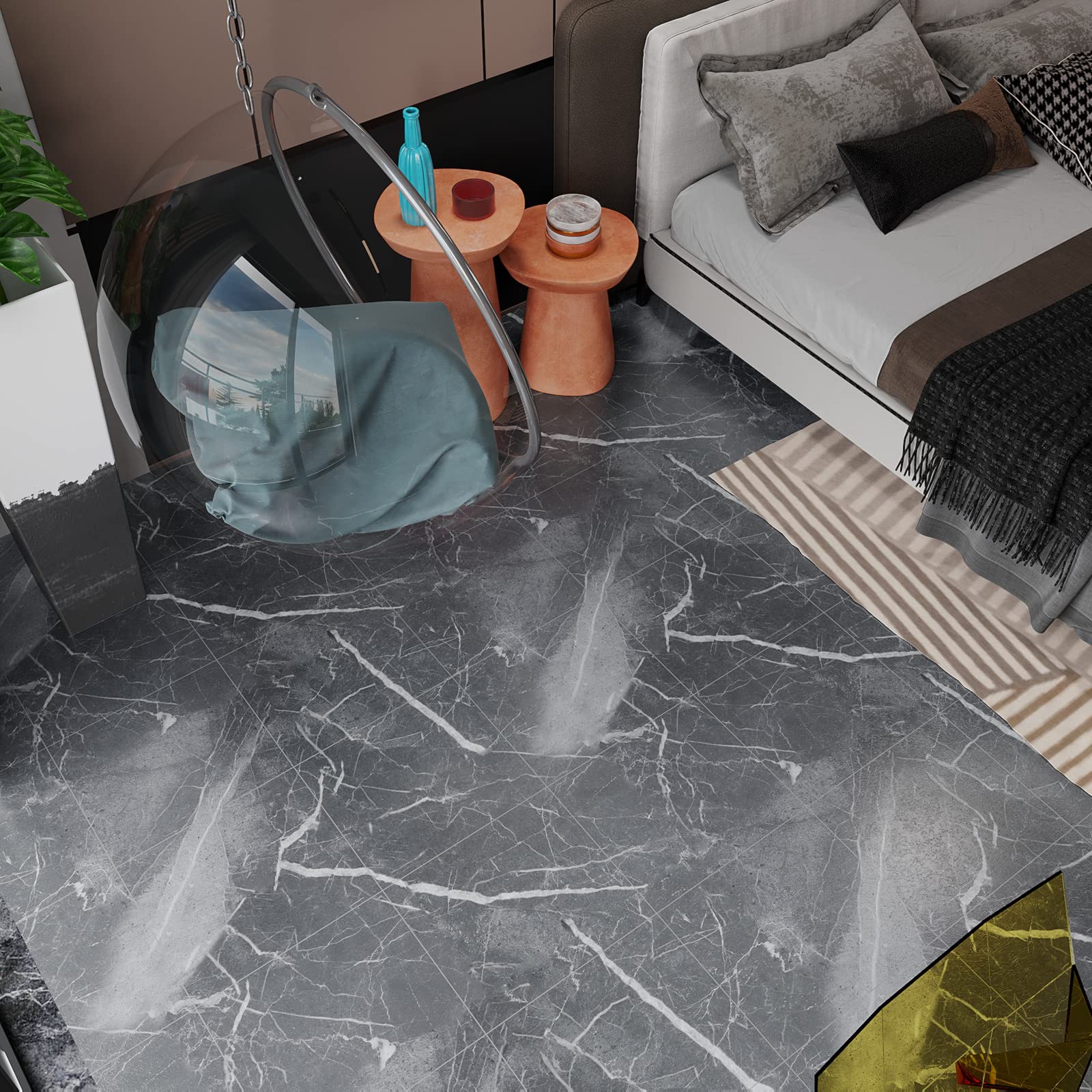 VEELIKE Grey Marble Peel and Stick Floor Tile 12''x12'' Vinyl Flooring Peel and Stick Waterproof Removable Self Adhesive Grey Vinyl Floor Stick On Tile for Kitchen Bathroom Bedroom Living Room 12 Pack