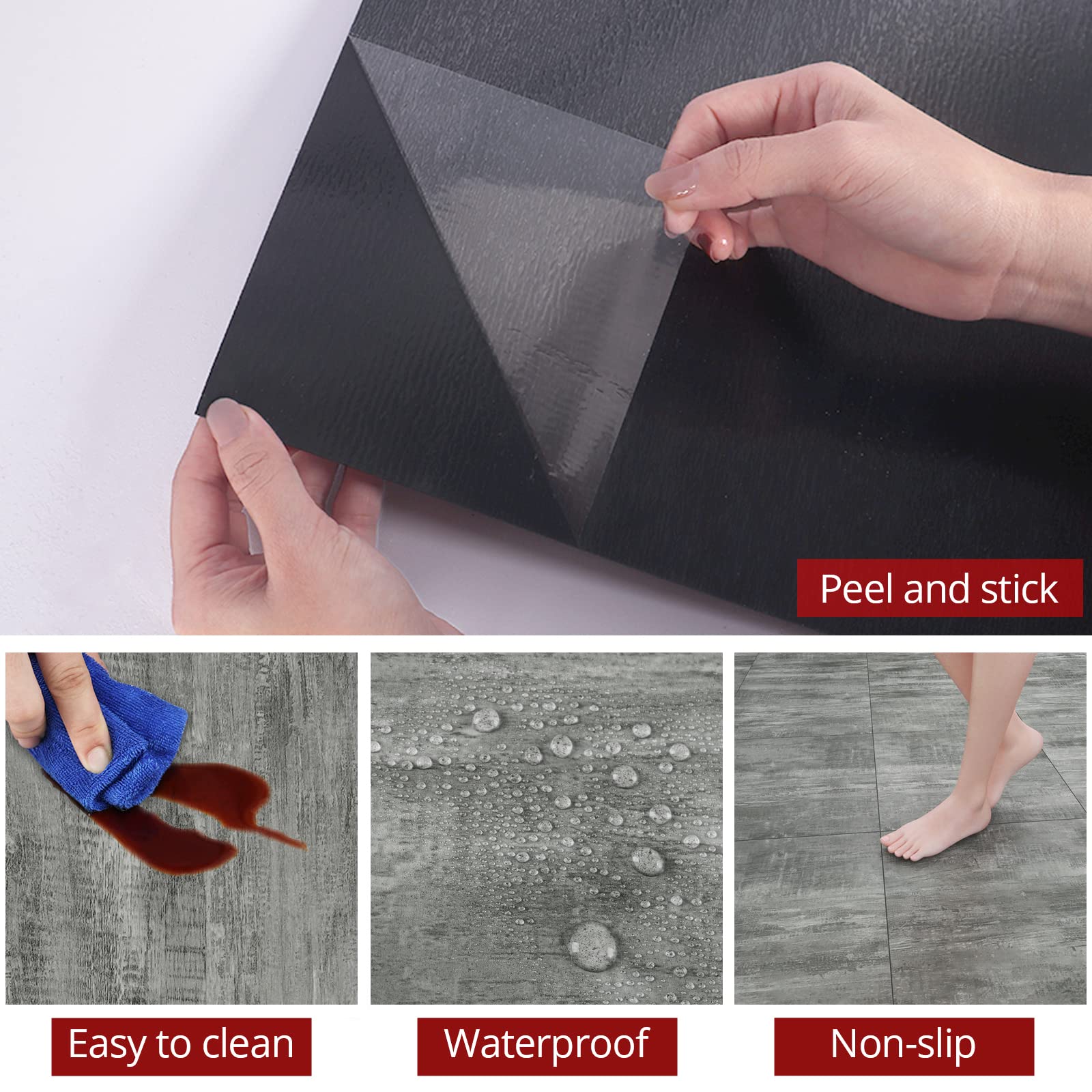 WESTICK Peel and Stick Floor Tiles 20 PCS Durable Thick Wood Backsplash Tile Waterproof Non-Slip Vinyl Flooring Removable Adhesive Tile Stickers for Kitchen Living Room Bathroom Bedroom Grey 12 x 12