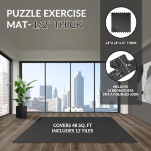 Signature Fitness Puzzle Exercise Mat with EVA Foam Interlocking Tiles, Black, 1/2” Thick, 12 Tiles, 48 Sq Ft