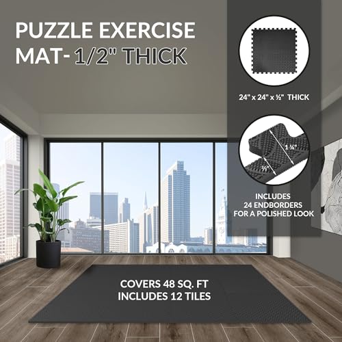 Signature Fitness Puzzle Exercise Mat with EVA Foam Interlocking Tiles, Black, 1/2” Thick, 12 Tiles, 48 Sq Ft