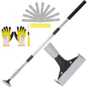 frebuta floor scraper long handle heavy duty, 4inch razor blade scrapers metal paint scraper with 10pcs extra metal blades paint scraper ideal for cleaning stove top windows glass tiles wall