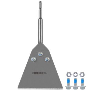 firecore sds plus floor scraper with spare bolts and locknuts, 5 inch x 11 inch tile removal chisel tool long handle heavy duty for rotary hammer drill, thinset scraper adhesives remover fs22510