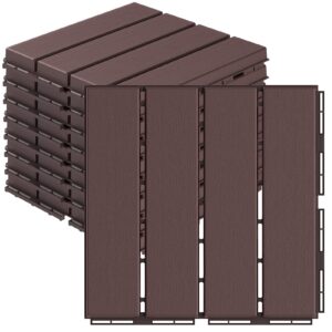 goovilla plastic interlocking deck tiles, 9 pack patio deck tiles, 12"x12" waterproof outdoor flooring all weather use, patio floor decking tiles for porch poolside balcony backyard, dark brown