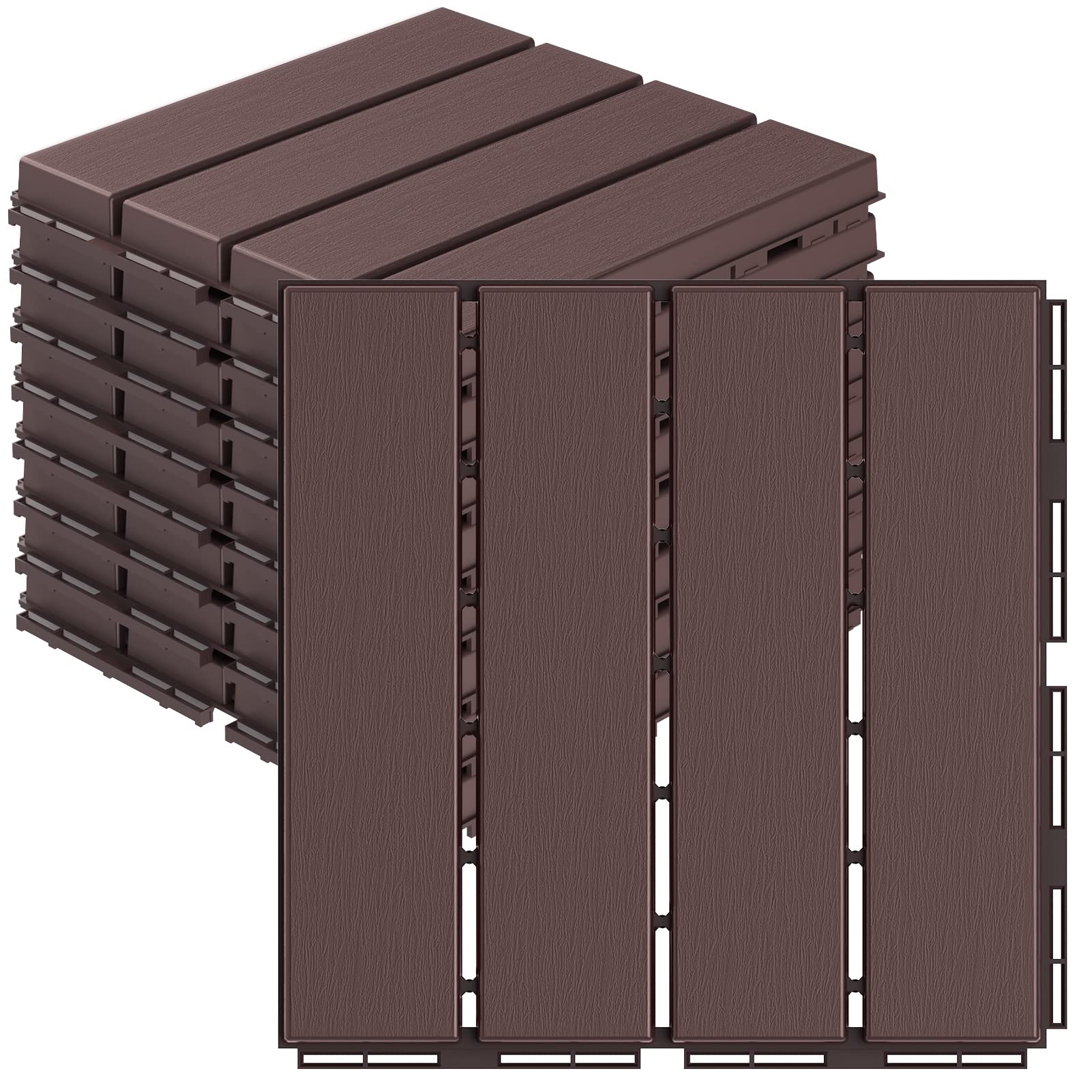 Goovilla Plastic Interlocking Deck Tiles, 9 Pack Patio Deck Tiles, 12"x12" Waterproof Outdoor Flooring All Weather Use, Patio Floor Decking Tiles for Porch Poolside Balcony Backyard, Dark Brown