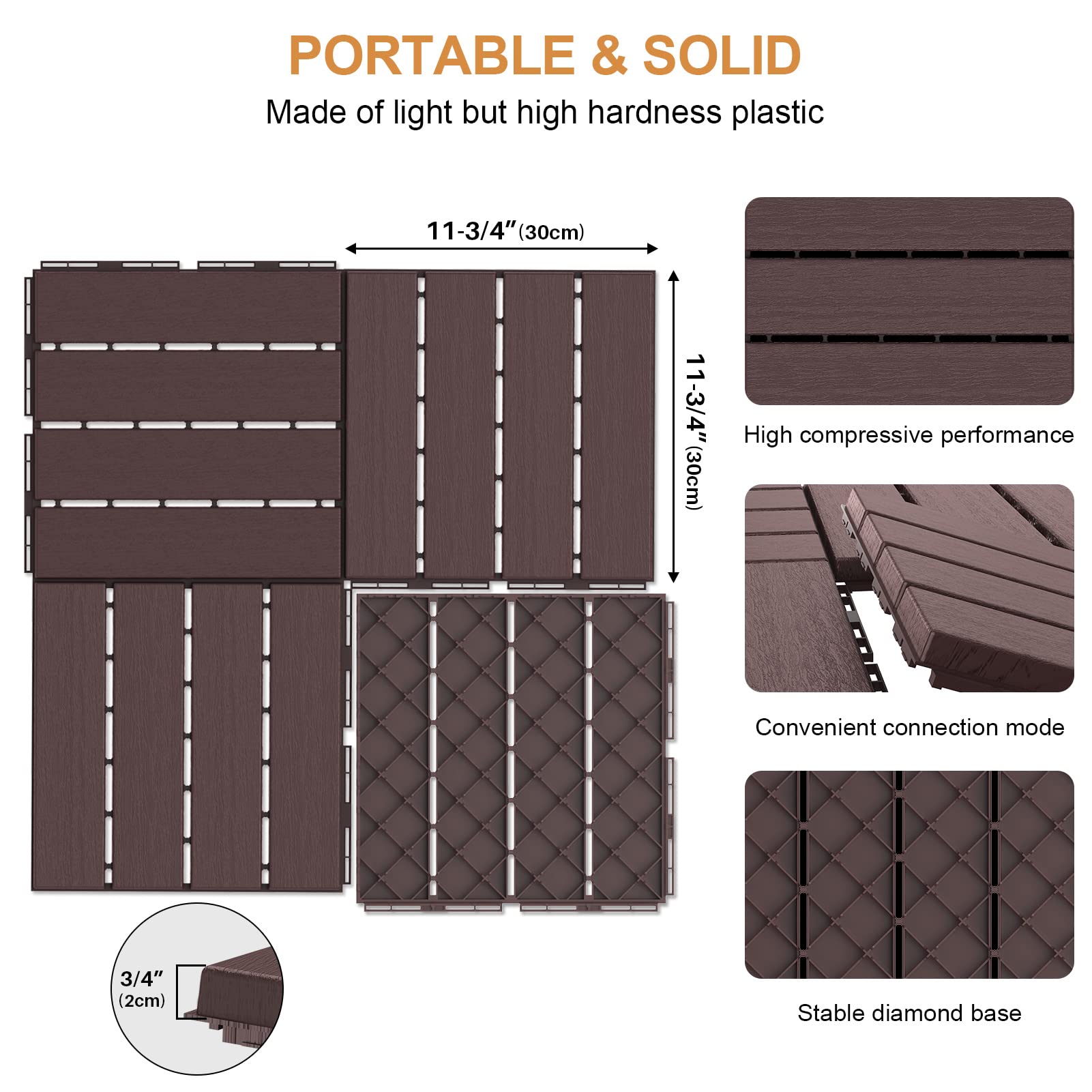 Goovilla Plastic Interlocking Deck Tiles, 9 Pack Patio Deck Tiles, 12"x12" Waterproof Outdoor Flooring All Weather Use, Patio Floor Decking Tiles for Porch Poolside Balcony Backyard, Dark Brown