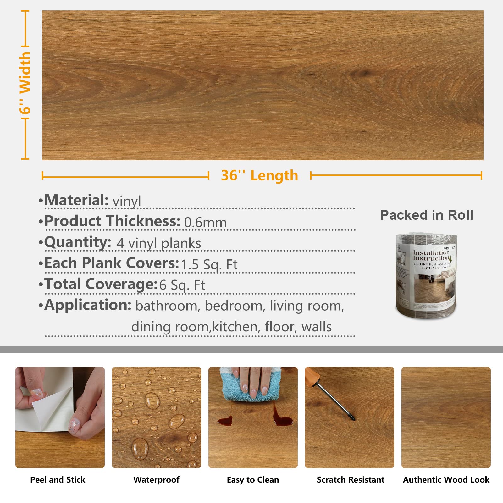 VEELIKE Natural Brown Wood Grain Peel and Stick Floor Tile Wood Vinyl Flooring 6''x36'' Self Adhesive Waterproof Vinyl Plank Flooring Removable Vinyl Sticky Tile for Bathroom Kitchen(4-Pack, 6 Sq. Ft)