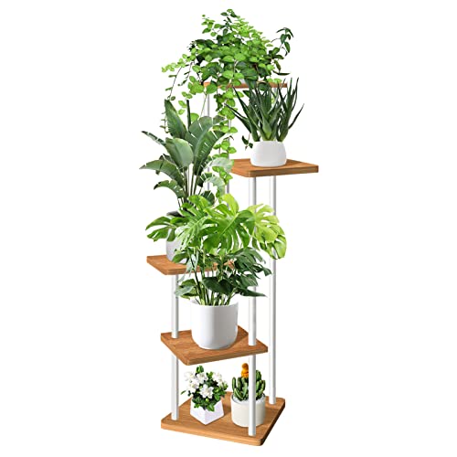 YOCOMEY 5 Tier Wood Tall Plant Stand Metal Rack Indoor, Multiple Flower Pot Holder Shelves Corner Rack, Planter Shelf Display Rack Storage Organizer for Patio Living Room Balcony Garden(White)