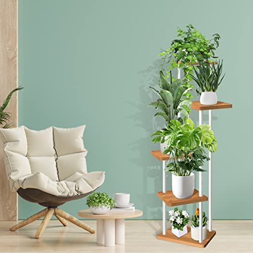 YOCOMEY 5 Tier Wood Tall Plant Stand Metal Rack Indoor, Multiple Flower Pot Holder Shelves Corner Rack, Planter Shelf Display Rack Storage Organizer for Patio Living Room Balcony Garden(White)