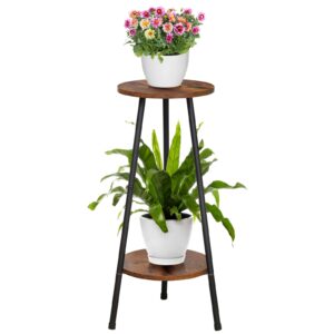 peyulia 2 tier wooden plant stand, adjustable heavy duty plant holder, mid-century wooden style plant shelf, small round table for indoor outdoor storage of various plants