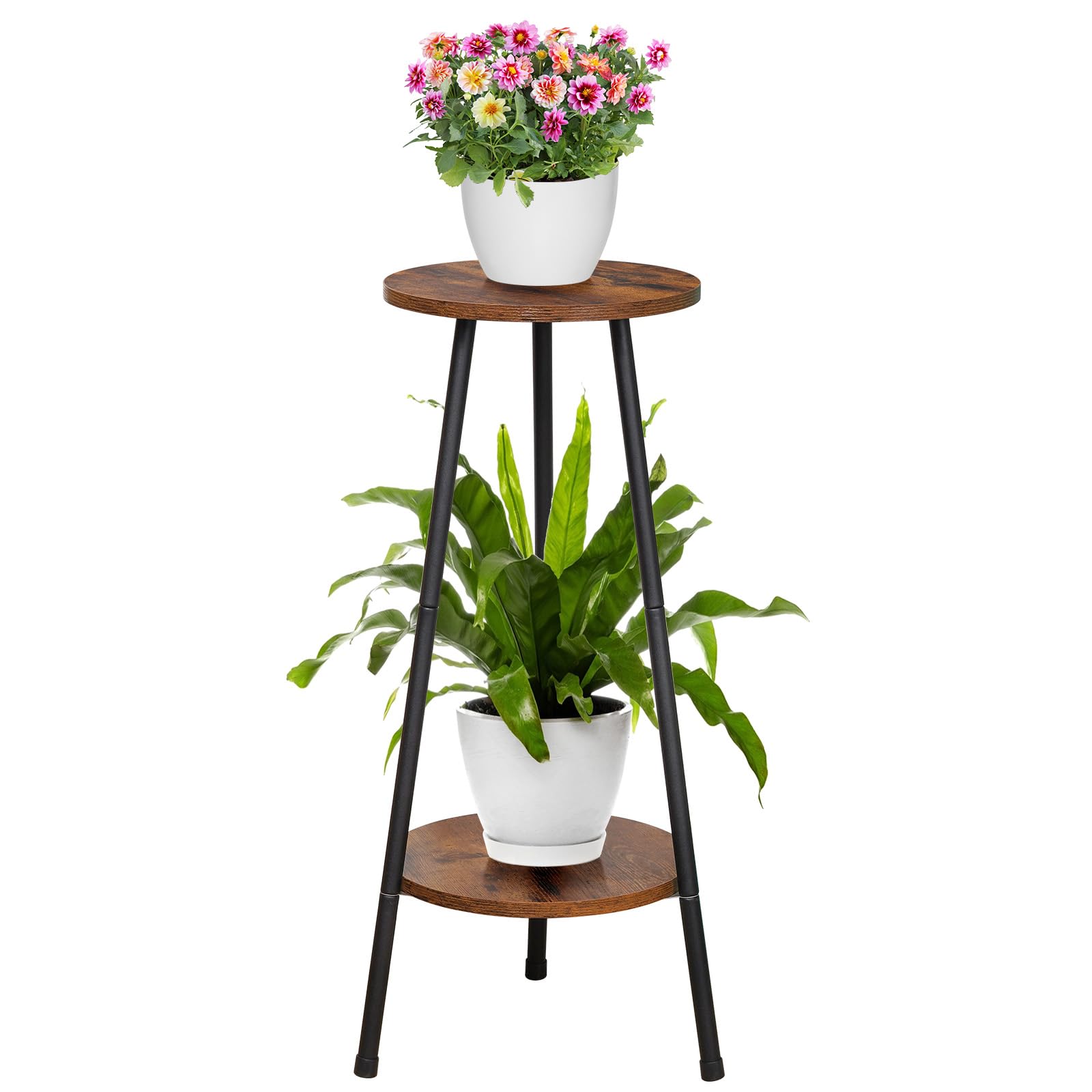 Peyulia 2 Tier Wooden Plant Stand, Adjustable Heavy Duty Plant Holder, Mid-Century Wooden Style Plant Shelf, Small Round Table for Indoor Outdoor Storage of Various Plants