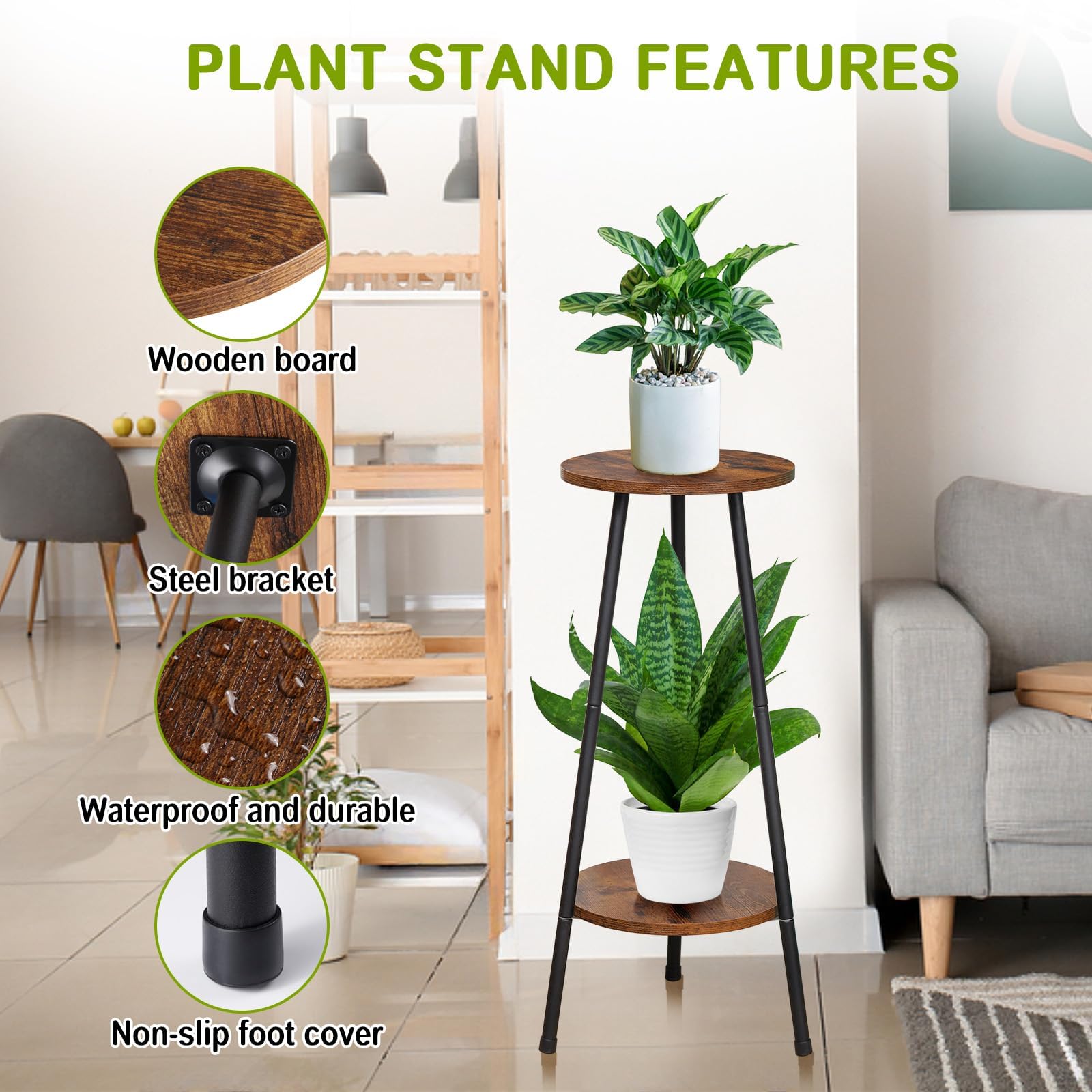 Peyulia 2 Tier Wooden Plant Stand, Adjustable Heavy Duty Plant Holder, Mid-Century Wooden Style Plant Shelf, Small Round Table for Indoor Outdoor Storage of Various Plants