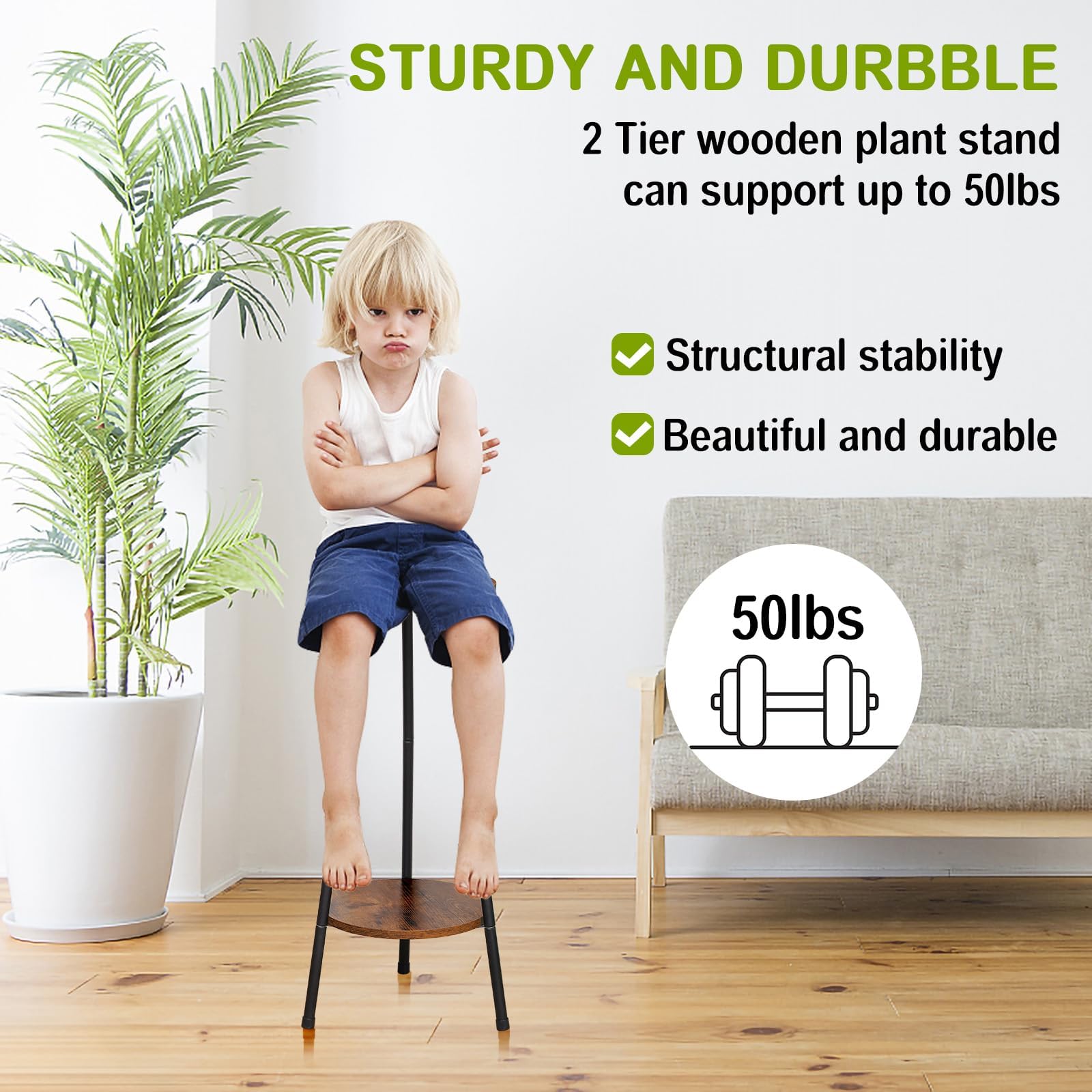 Peyulia 2 Tier Wooden Plant Stand, Adjustable Heavy Duty Plant Holder, Mid-Century Wooden Style Plant Shelf, Small Round Table for Indoor Outdoor Storage of Various Plants