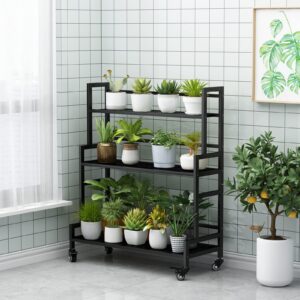 YIZAJIA Plant Stand Indoor 3 Tier Metal Outdoor Tiered Stands Shelf With wheel for Multiple Plants Potted Ladder Plant Holder Table Plant Pot Stand for Window Garden Balcony Living Room (3 Tier-Black)