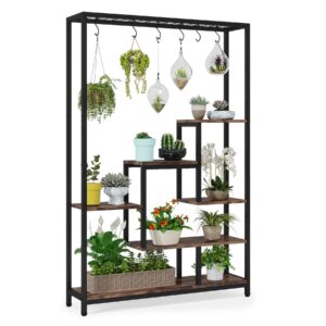 Tribesigns 5-Tier Tall Indoor Plant Stand, 70.9 inches Large Metal Plant Shelf with 6PC S Hanging Hooks, Multi-Purpose Flower Bonsai Pots Display Rack for Indoor, Garden, Balcony, Living Room