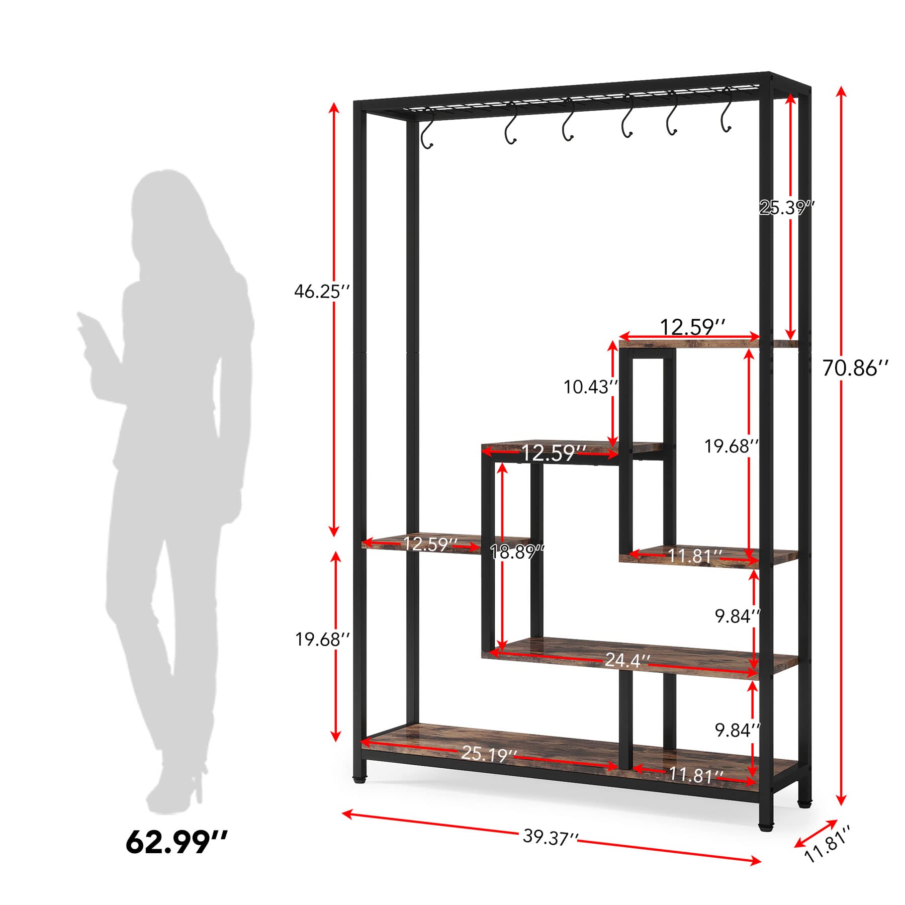 Tribesigns 5-Tier Tall Indoor Plant Stand, 70.9 inches Large Metal Plant Shelf with 6PC S Hanging Hooks, Multi-Purpose Flower Bonsai Pots Display Rack for Indoor, Garden, Balcony, Living Room