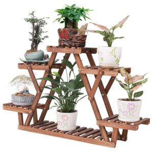 coogou wood plant stand indoor, 6 tiered plant shelf for multiple plants racktriangle , a shape corner flower pot holder for windowsill patio balcony garden living room (retro,wooden)