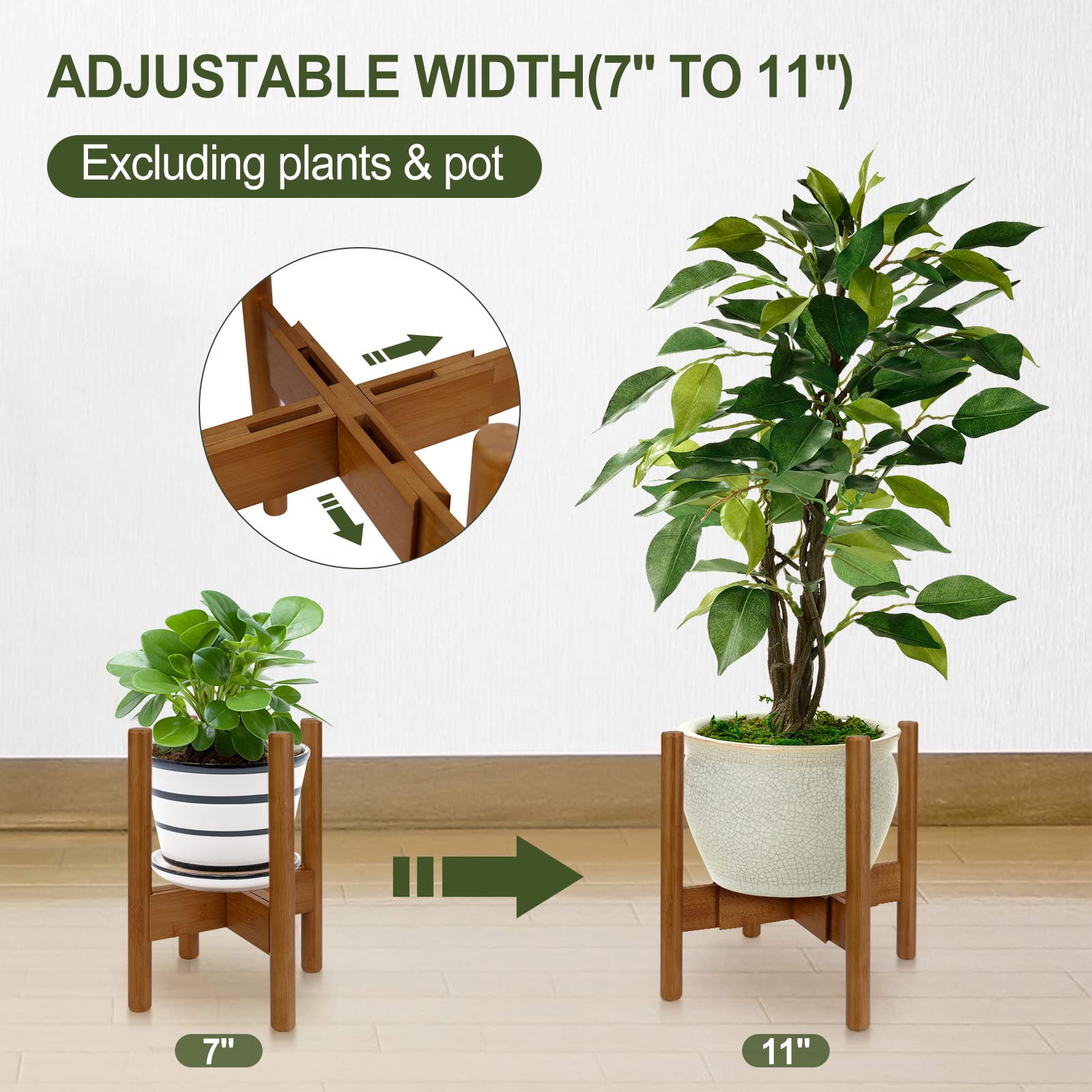 Blvornl 1 Pack Adjustable Plant Stand Indoor, 11.8 in Mid Century Plant Holder, Stable Bamboo Plant Stand for 7-11in Flower Potts (Excluding Potted Plants) (Dark Brown)