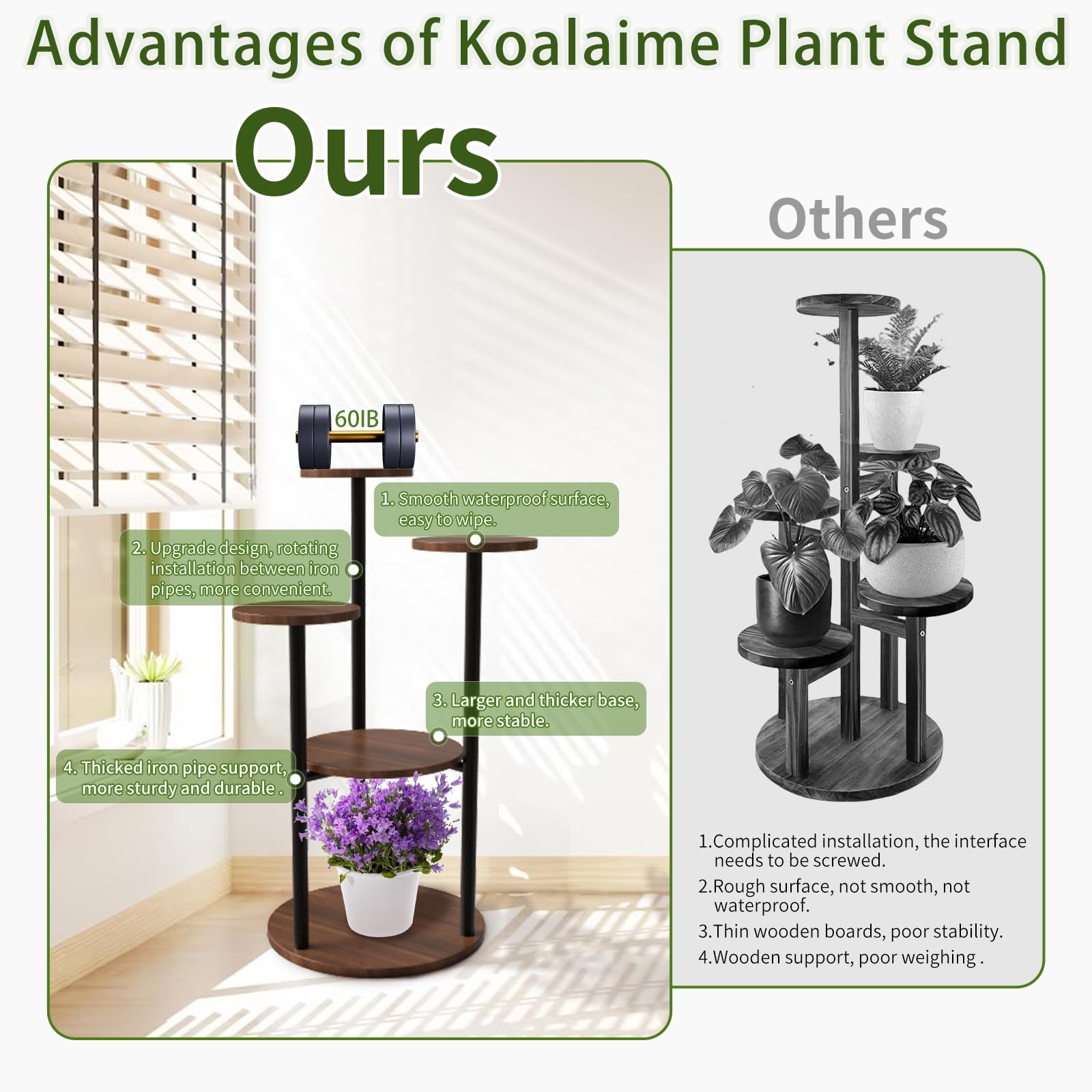 Koalaime 5 Tier Plant Stand Indoor, Metal Wood Plant Stands For Indoor Plants Multiple, Corner Flower Pot Stand Tiered Plants Shelf Stands for Living Room Bedroom, Brown