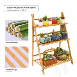 Ufine Bamboo Ladder Plant Stand 3 Tier Foldable Flower Pot Display Shelf Rack for Indoor Outdoor Home Patio Lawn Garden Balcony Organizer Planter Holder