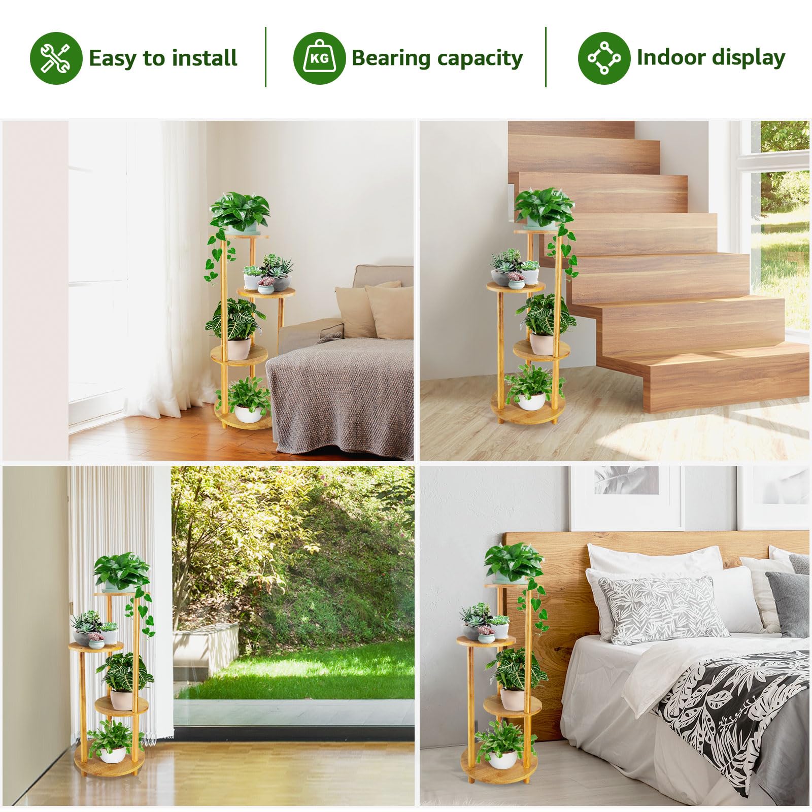 Bamboo Plant Stand Indoor, 4 tier Planter Shelf for Multiple Plants, Corner Decor Tall Holder Living Room, Outdoor Plants Display Rack for Balcony Patio, Flower Potted Wood Stands Living Room Office