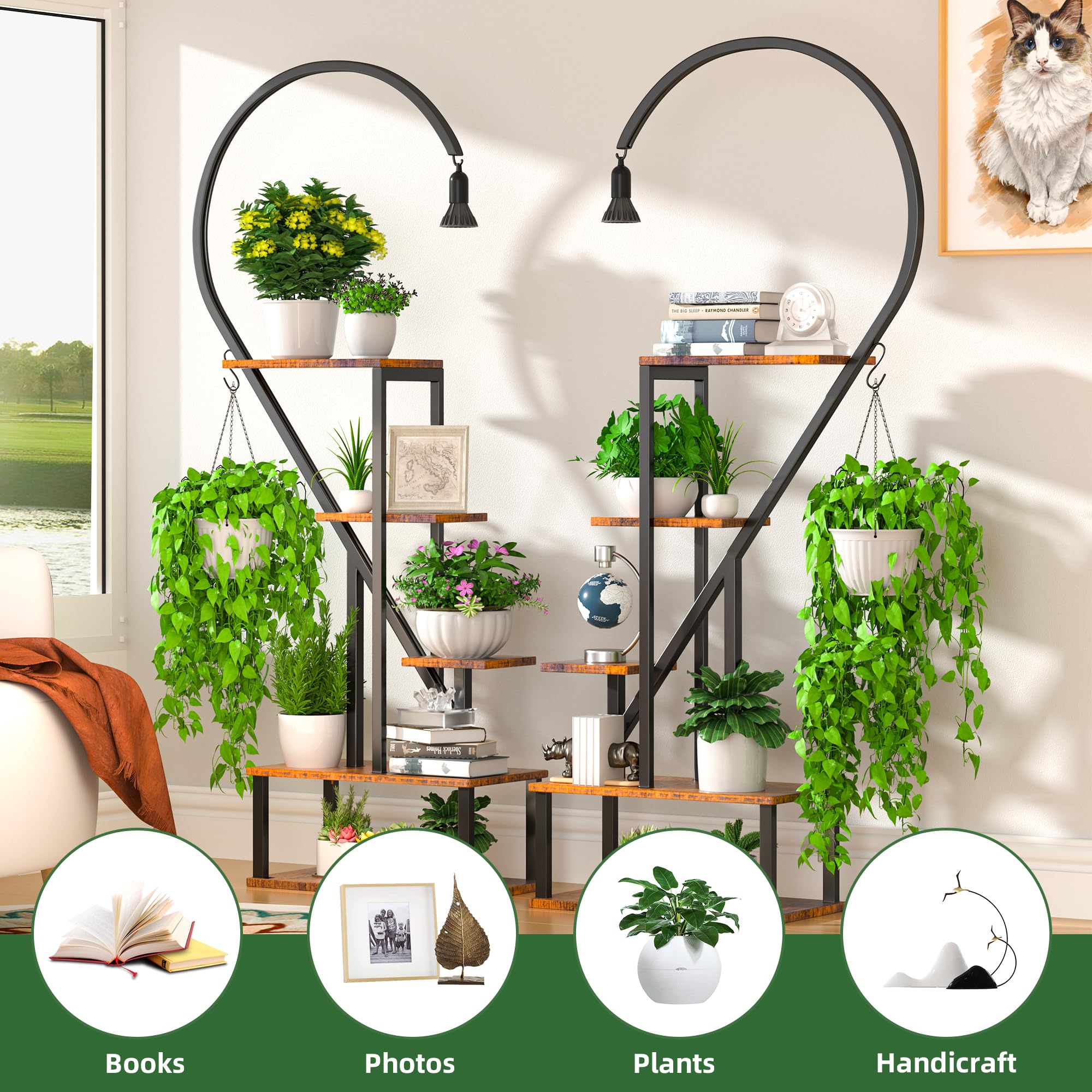 BACEKOLL Plant Stand Indoor with Grow Lights, 5 Tiered Metal Plant Stand for Indoor Plants Multiple, Large Plant Holder Display Shelf, Half Heart Shape Tall Plant Rack for Living Room, Patio, Balcony