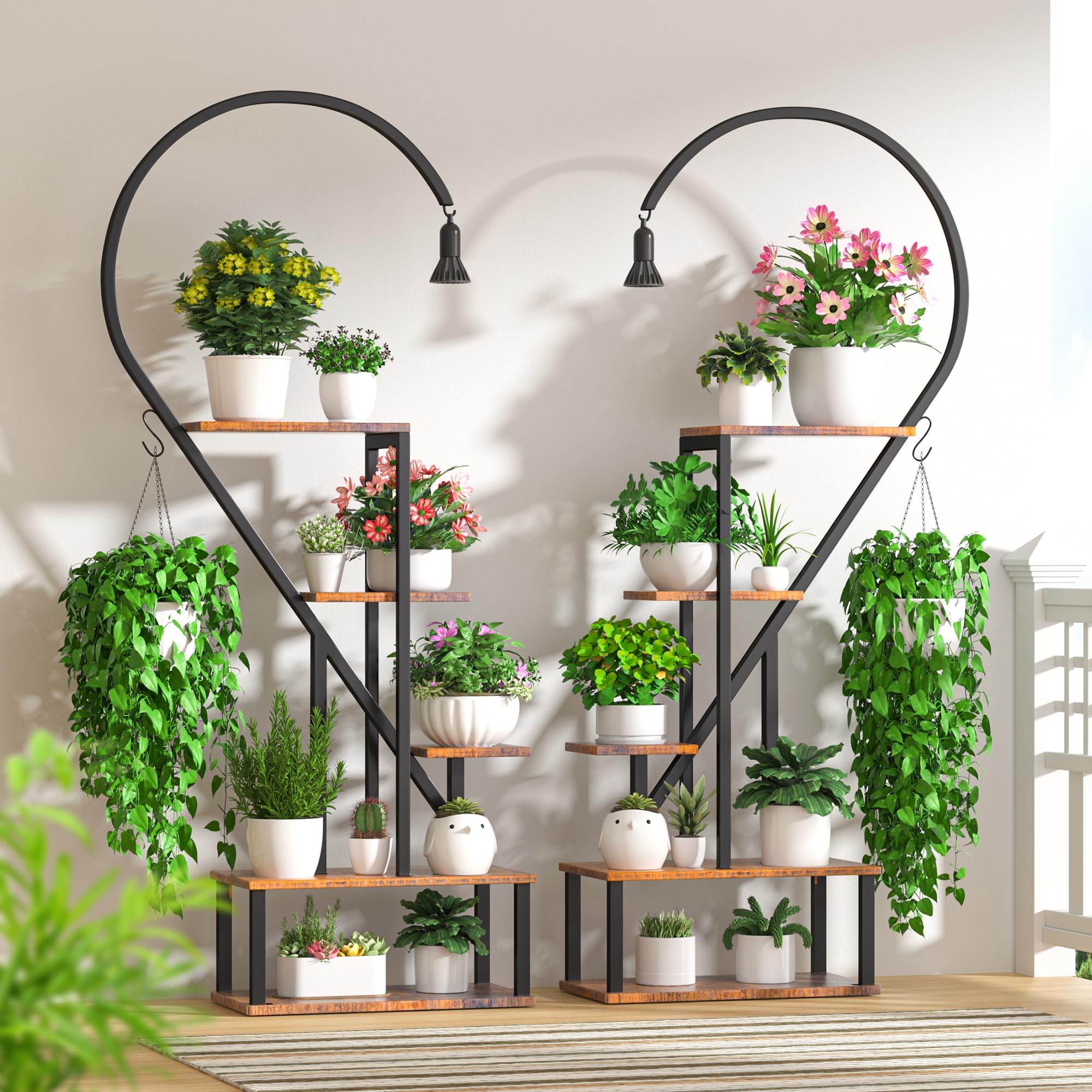 BACEKOLL Plant Stand Indoor with Grow Lights, 5 Tiered Metal Plant Stand for Indoor Plants Multiple, Large Plant Holder Display Shelf, Half Heart Shape Tall Plant Rack for Living Room, Patio, Balcony