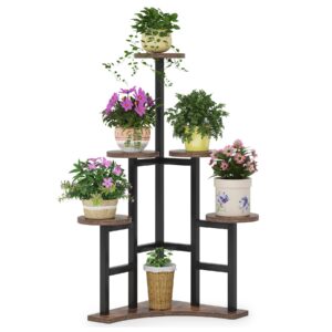 little tree 6 tiered corner plant stand indoor, tall plant shelf flower stand multiple potted plant holder rack for living room balcony garden, rustic brown