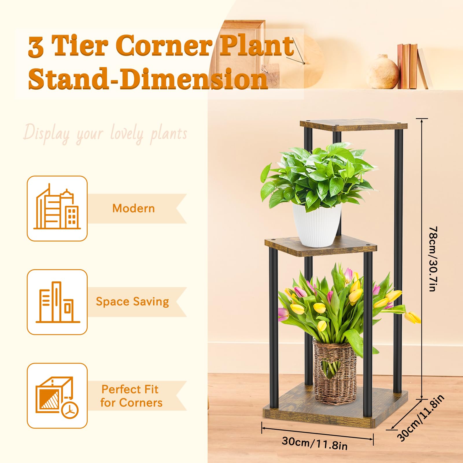 Oppro 3 Tier Plant Stands Indoor, Metal Wood Tiered Corner Plant Stand Pot Holder, Wood Flower Shelf Display Rack for Living Room Bedroom Outdoor Balcony Garden Patio, Black