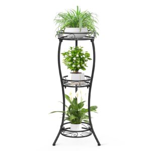 flmoutn 3 tier tall metal plant stand for indoor outdoor plants, 35 inch corner plant stands display rack, rustproof iron flower pot holder shelf for patio balcony garden living room (black)