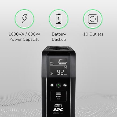 APC UPS 1000VA Sine Wave UPS Battery Backup and Surge Protector, BR1000MS Backup Battery Power Supply with AVR, (2) USB Charger Ports