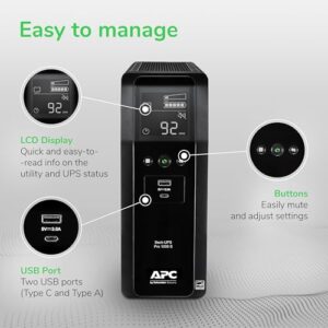 APC UPS 1000VA Sine Wave UPS Battery Backup and Surge Protector, BR1000MS Backup Battery Power Supply with AVR, (2) USB Charger Ports