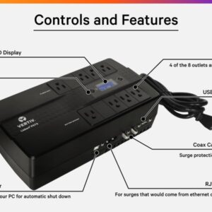 Liebert PST5 UPS - 850VA/500W 120V, LCD Monitoring Screen, Standby Power, 8 Outlets, USB Charging, 3 Year Warranty, Uninterruptible Power Supply, Battery Backup with Surge Protection (PST5-850MT120)