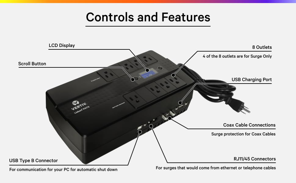 Liebert PST5 UPS - 850VA/500W 120V, LCD Monitoring Screen, Standby Power, 8 Outlets, USB Charging, 3 Year Warranty, Uninterruptible Power Supply, Battery Backup with Surge Protection (PST5-850MT120)