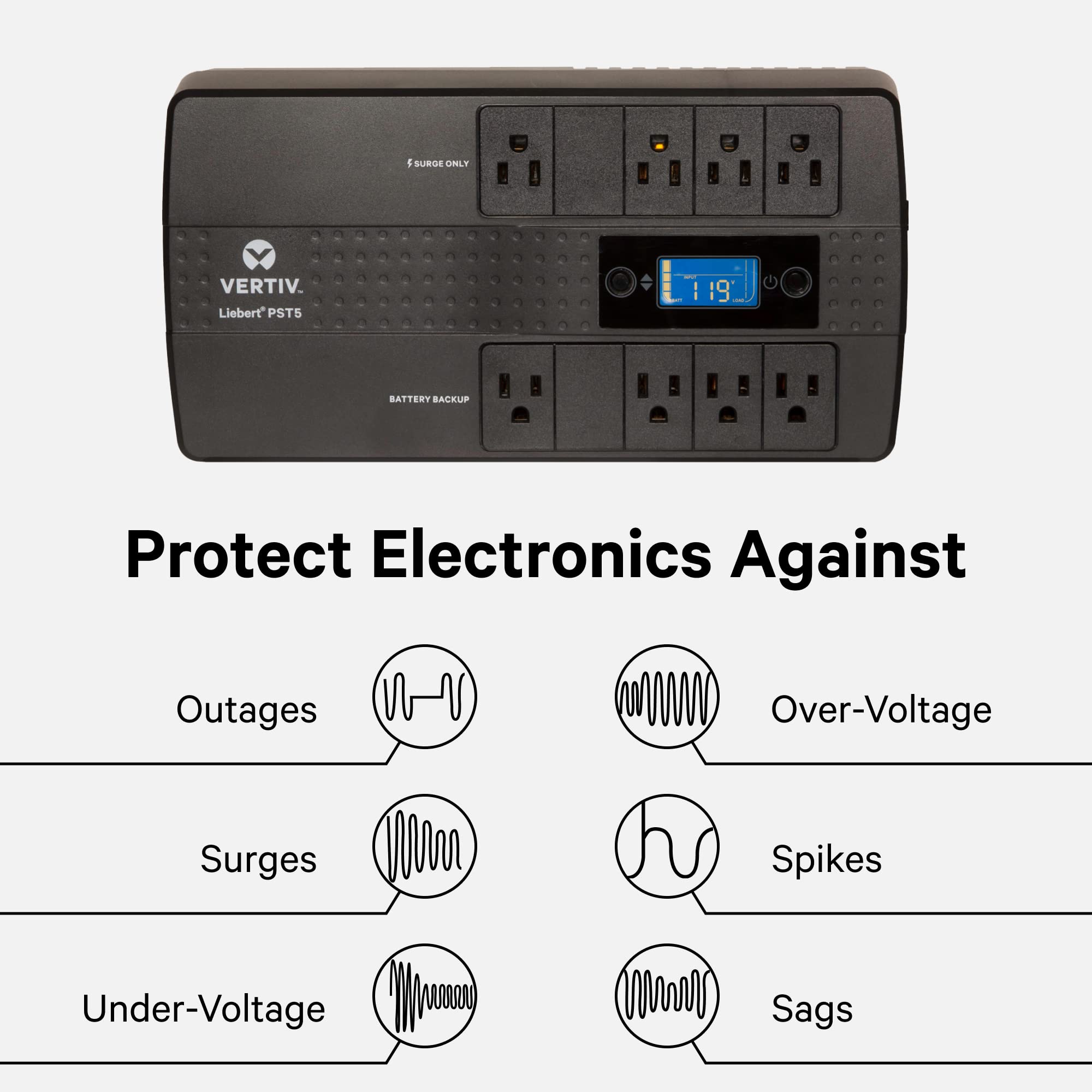 Liebert PST5 UPS - 850VA/500W 120V, LCD Monitoring Screen, Standby Power, 8 Outlets, USB Charging, 3 Year Warranty, Uninterruptible Power Supply, Battery Backup with Surge Protection (PST5-850MT120)