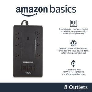 Amazon Basics Standby UPS 600VA 360W Surge Protector Battery Power Backup - 8 Outlets, Black