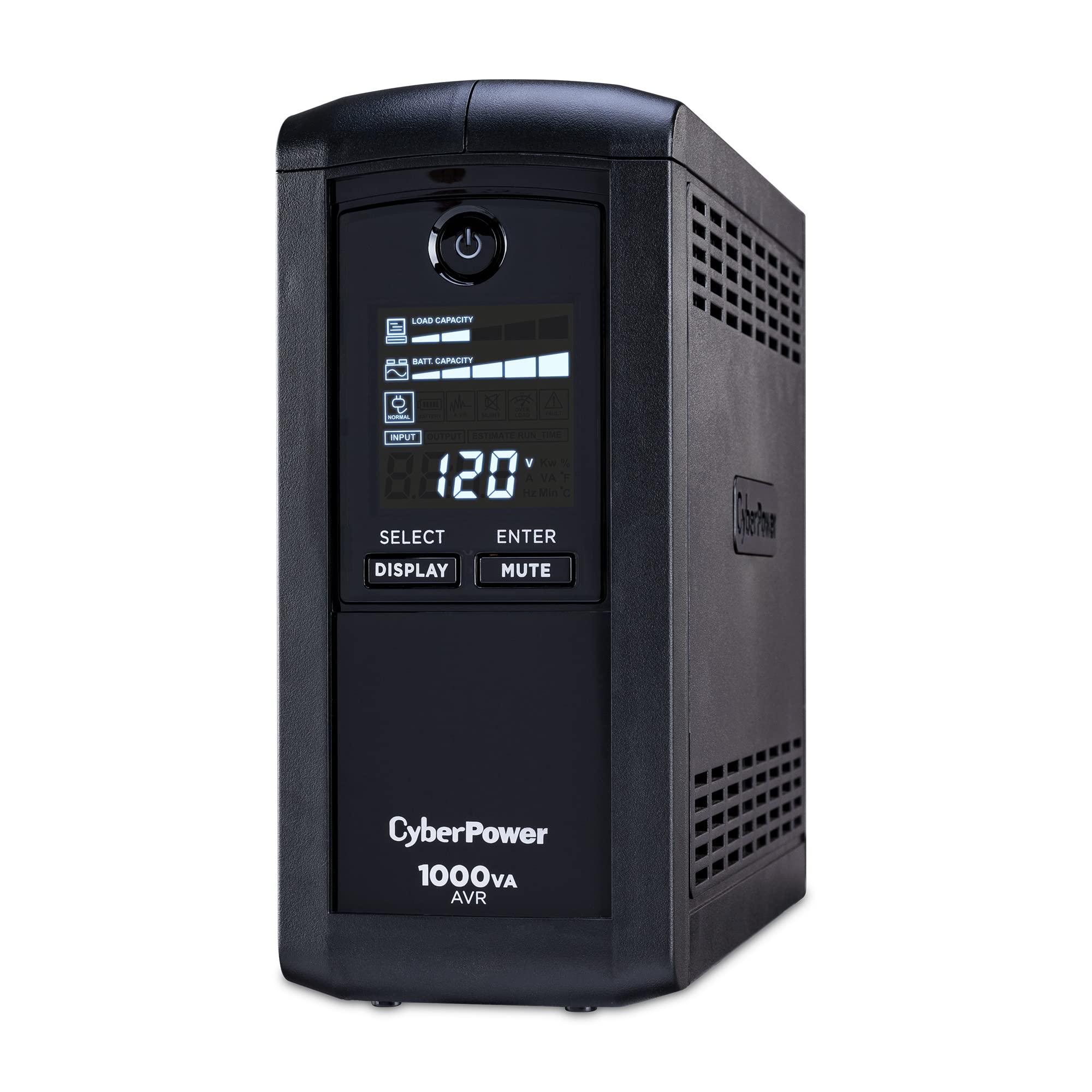 CyberPower CP1000AVRLCD Intelligent LCD UPS System, 1000VA/600W, 9 Outlets, AVR, Mini-Tower, Black